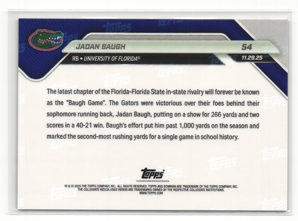 2025 Bowman U Now - #54 Jadan Baugh Rookie /634 Gators Run Wild vs FSU ...