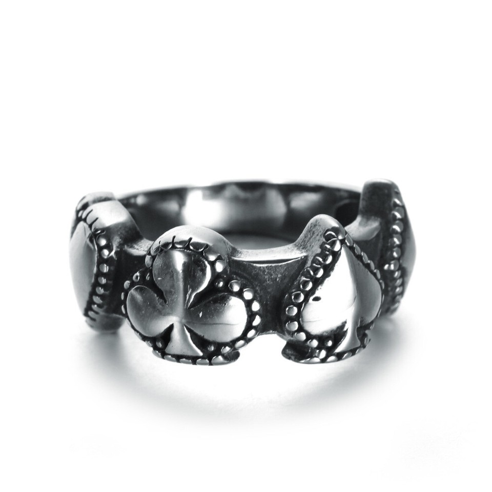 Poker Card Pattern Heart Club Diamond Spade Ring Stainless Steel Biker ...