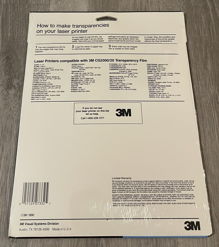 3M Transparency Film Sheets for Laser Printers CG3300 20 Sheets 8.5" x ...
