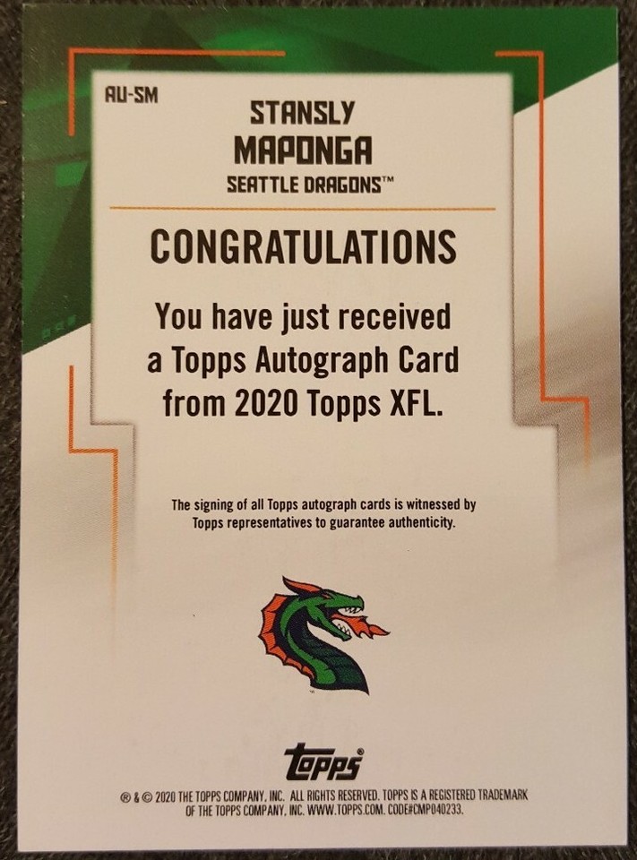 2020 TOPPS XFL FOOTBALL STANSLY MAPONGA RC AUTO ROOKIE ON-CARD AUTO ...
