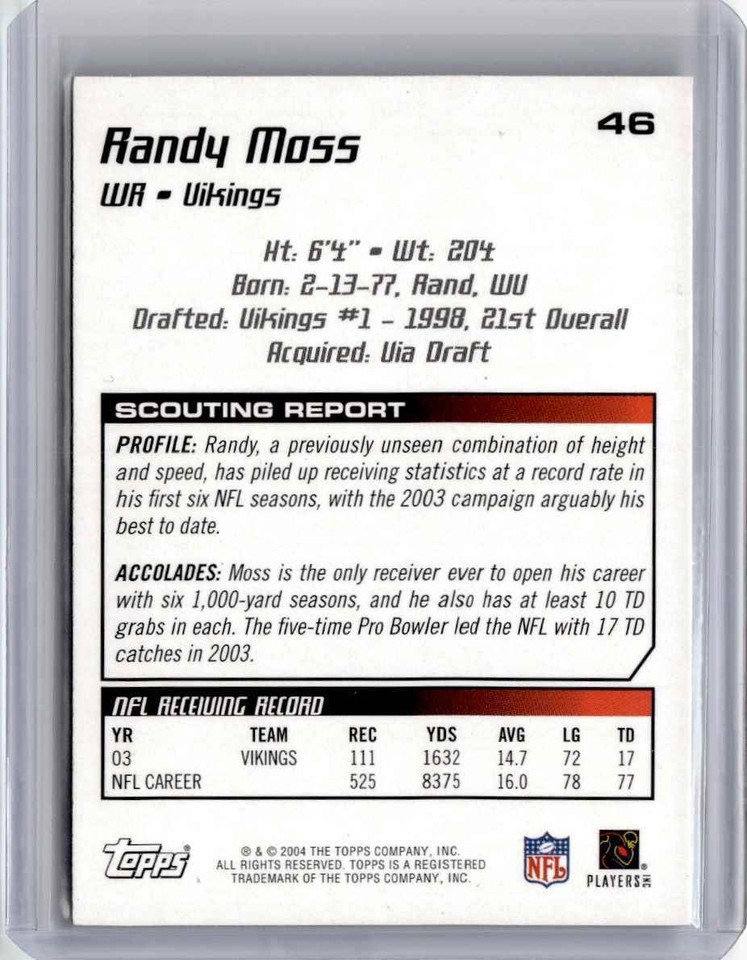 2004 Topps Draft Picks And Prospects Randy Moss Football Card Minnesota