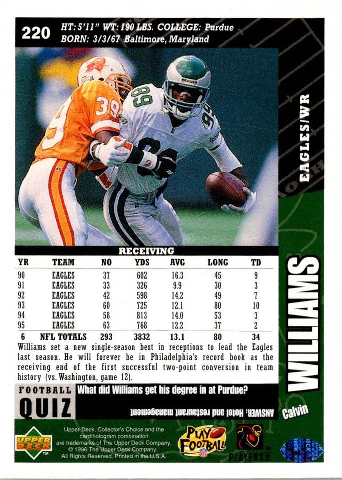 1996 Collector's Choice Calvin Williams #220 Philadelphia Eagles ...