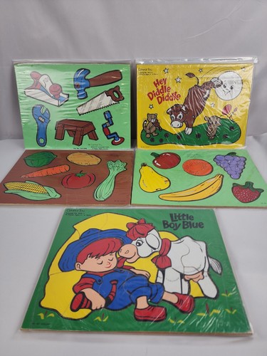 Vintage Lot of 5 Connor Toy PUZZLES wood tray TOOLS fruit VEGETABLES ...