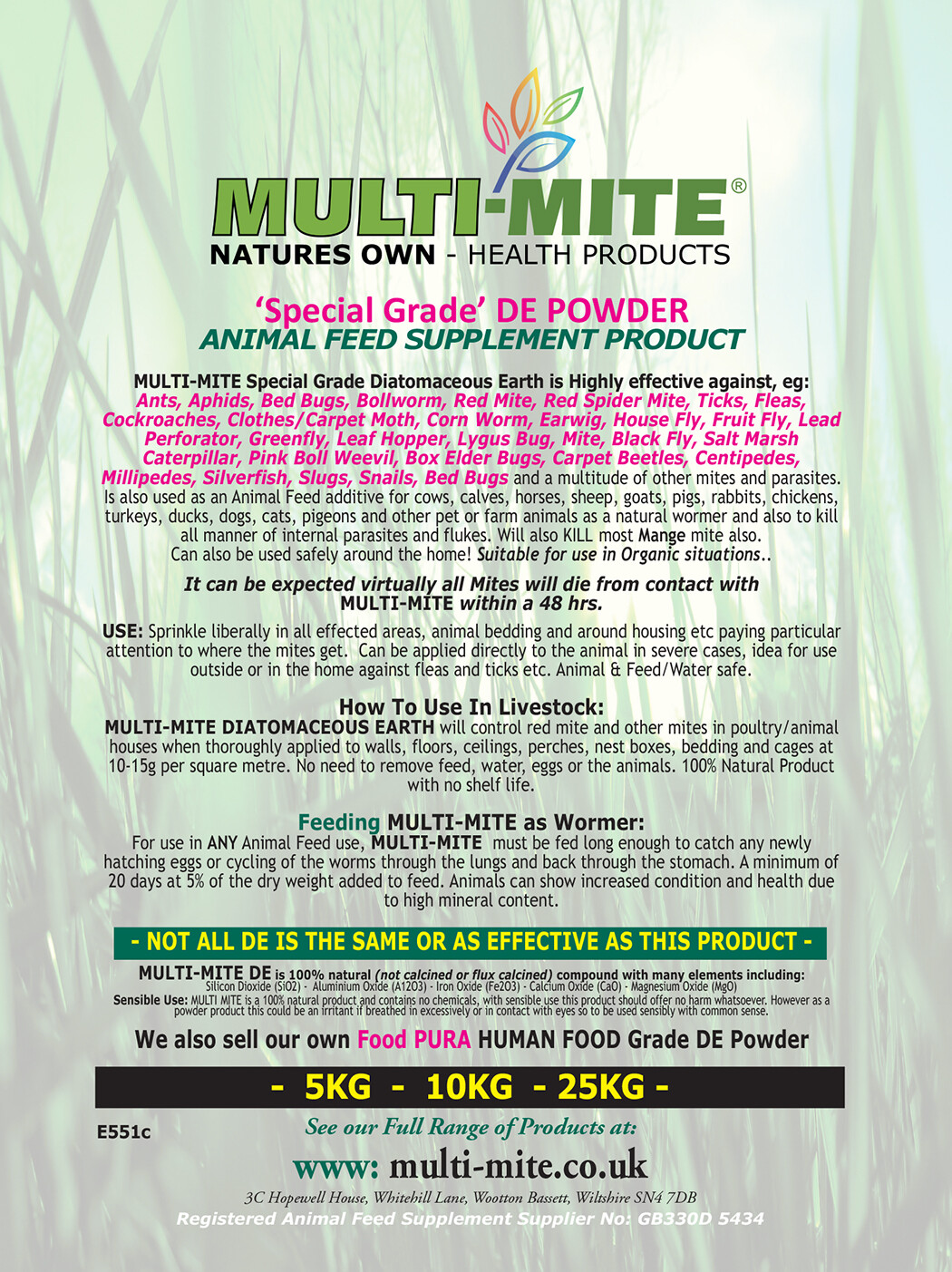 5KG DIATOMACEOUS EARTH DE Powder MULTI MITE - Red Mite, Fleas FEED ...