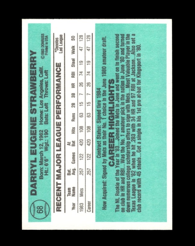 1984 Donruss Set-Break # 68 Darryl Strawberry RC NM-MT OR BETTER ...