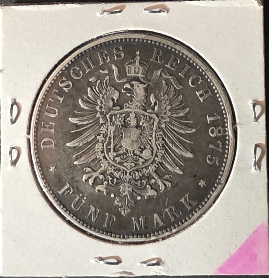 German States SAXONY Silver 5 Mark 1875 E Dresden Very Fine Deutsches ...