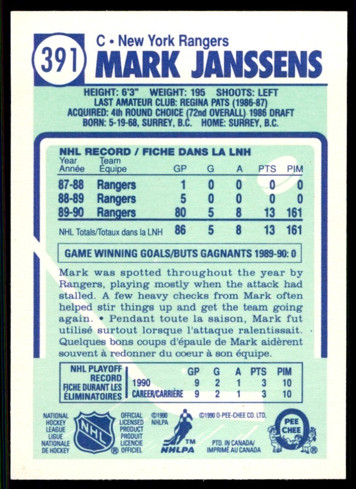 1990-91 O-Pee-Chee Mark Janssens . New York Rangers #391 | eBay