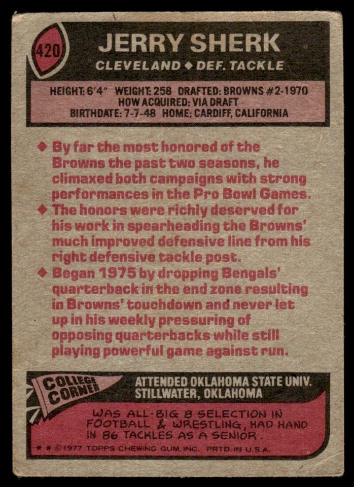 1977 Topps Jerry Sherk Cleveland Browns #420 | eBay