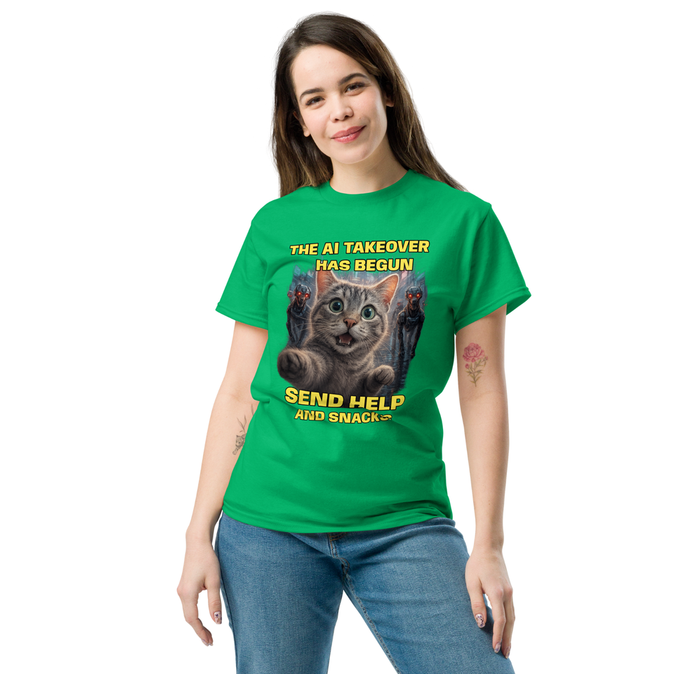 Funny Cat AI Takeover T-Shirt Send Help And Snacks Meme Graphic Tee ...