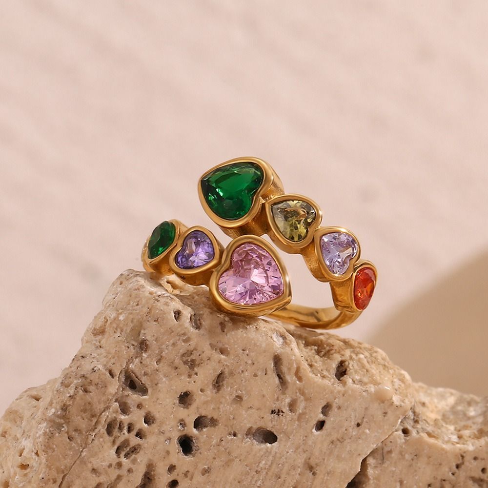 Zirconia Hearted Ring Gold Color Chic Rings Delicate Staggered Ring | eBay