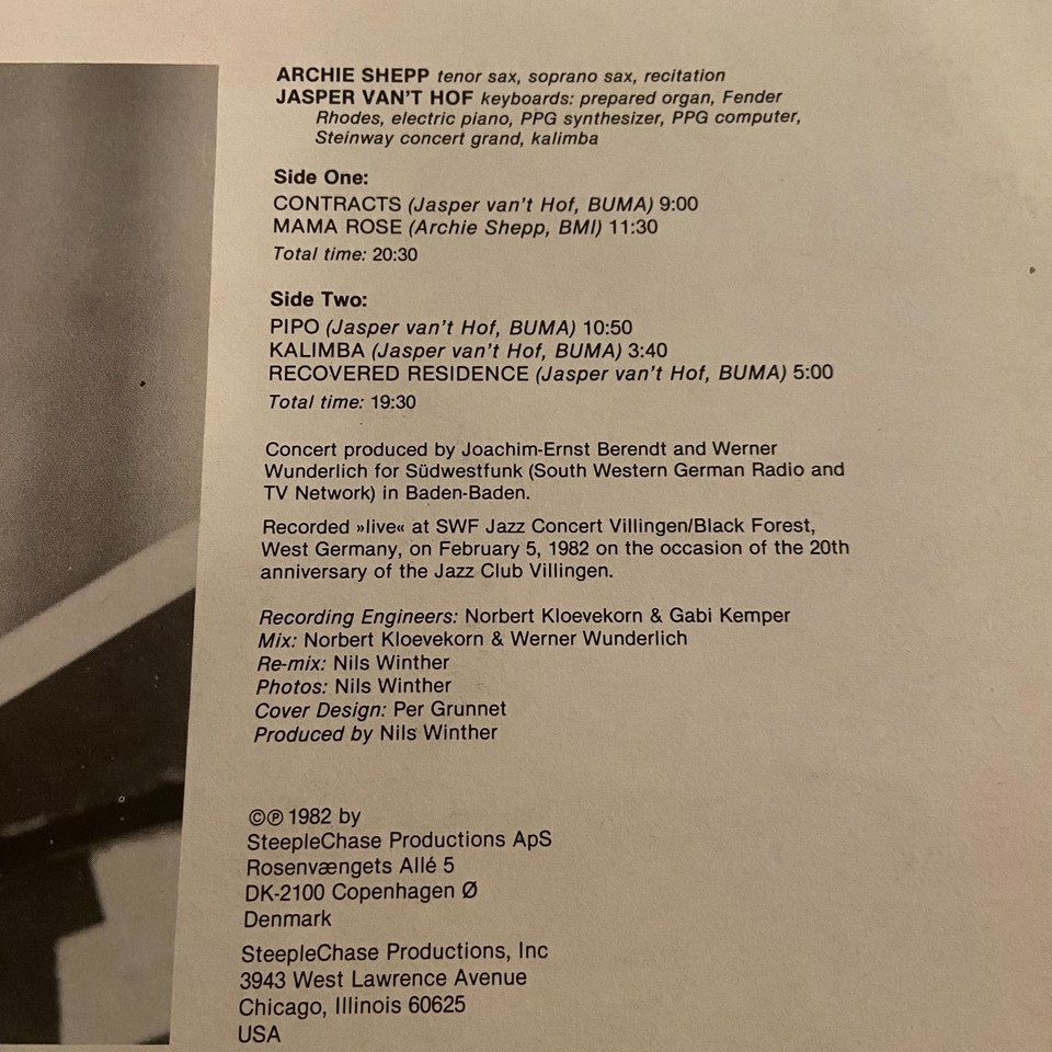 Archie Shepp Jasper Van Hof Live in Concert Mama Rose Vinyl LP ...