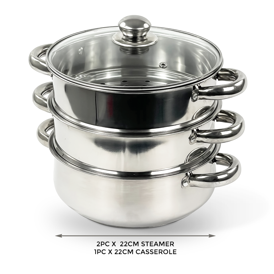 3TIER 22CM S/S STEEL INDUCTION HOB STEAMER MULTI VEG COOKER POT PAN W ...