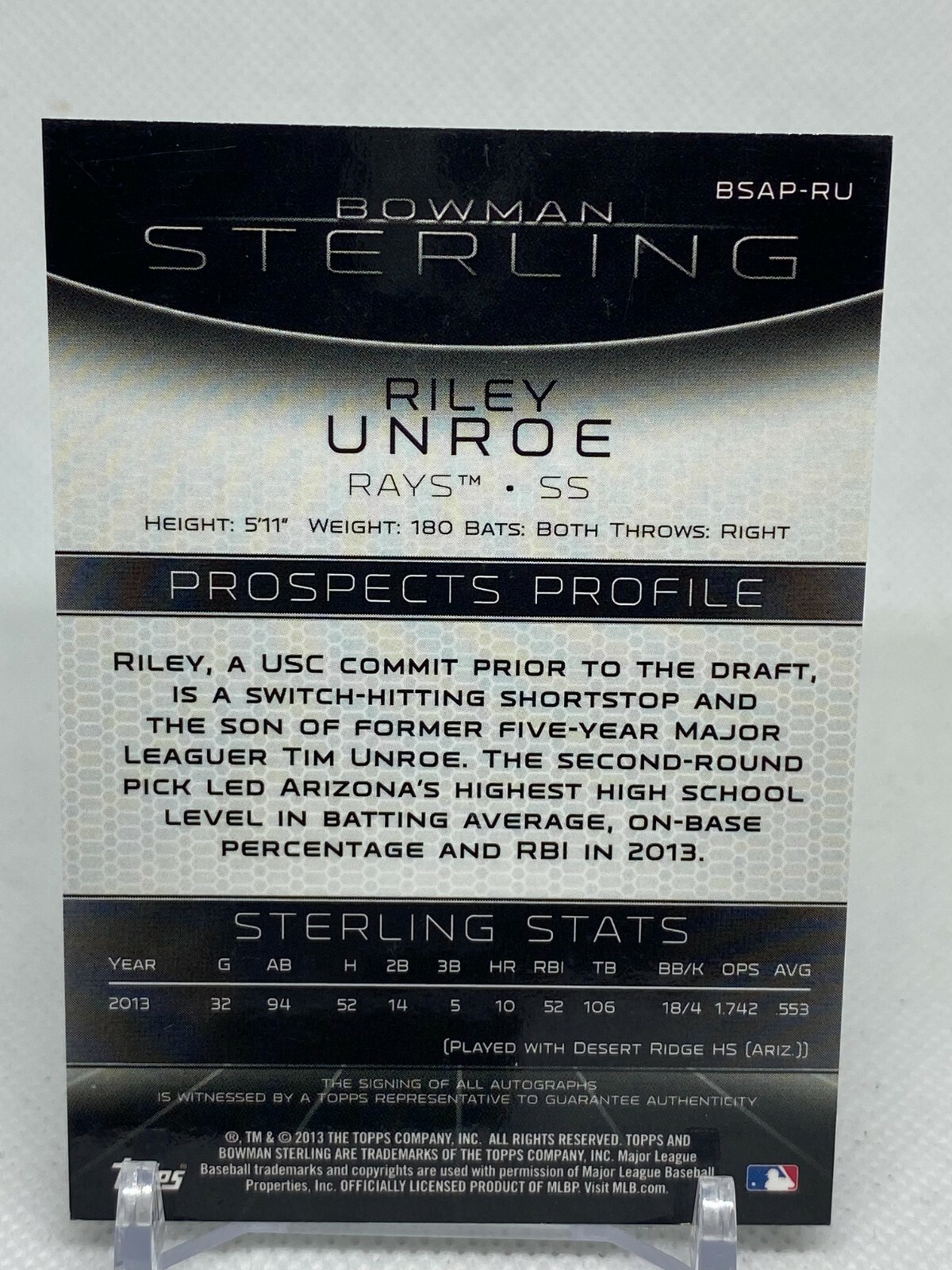 2013 Topps Bowman Sterling Riley Unroe BSAP-RU Auto RC Rookie Card NM ...