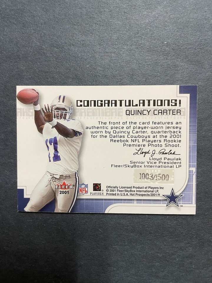 2001 Fleer Hot Prospects Premiere Postmarks Jerseys Quincy Carter ...