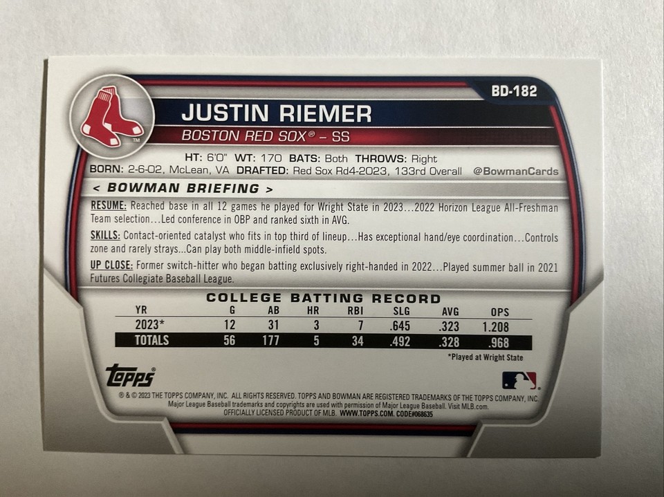 2023 Bowman Draft JUSTIN RIEMER 1st Bowman Card RC Boston RED SOX #BD ...