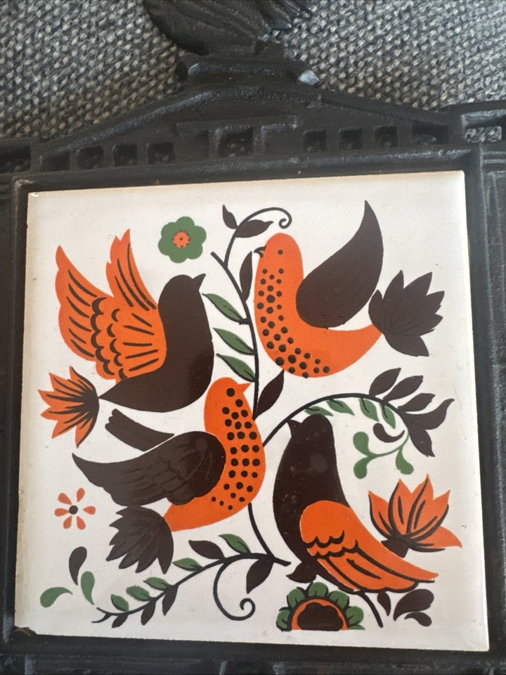 Vtg Cast Iron Ceramic Tile Trivet Orange Birds Kitchen Tools Pot Rest ...