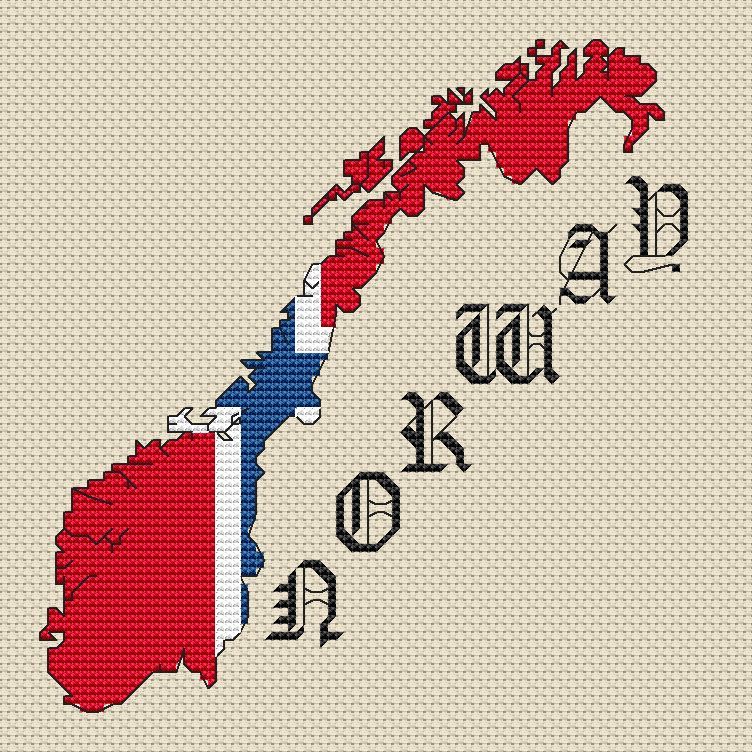 Norway Map & Flag Cross Stitch Design (15x15cm, 6x6", kit or chart ...