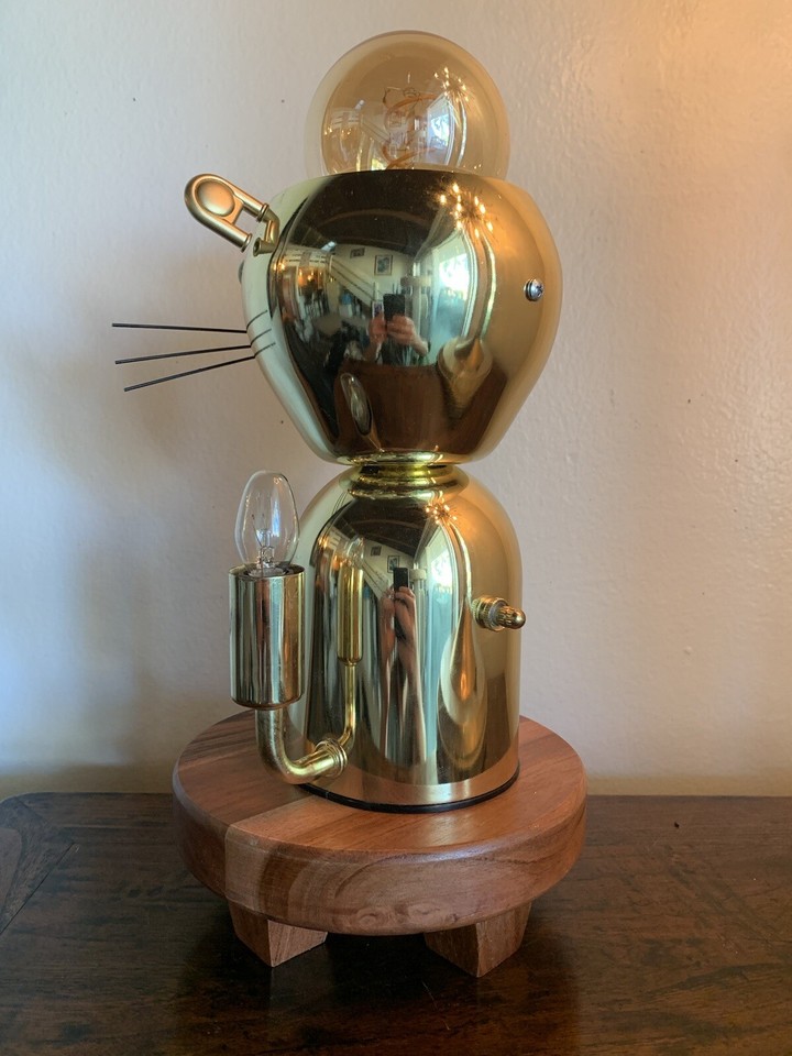 Vintage Cat Kitty Light Lamp Mid Century Modern Brass Wood Metal Deco ...
