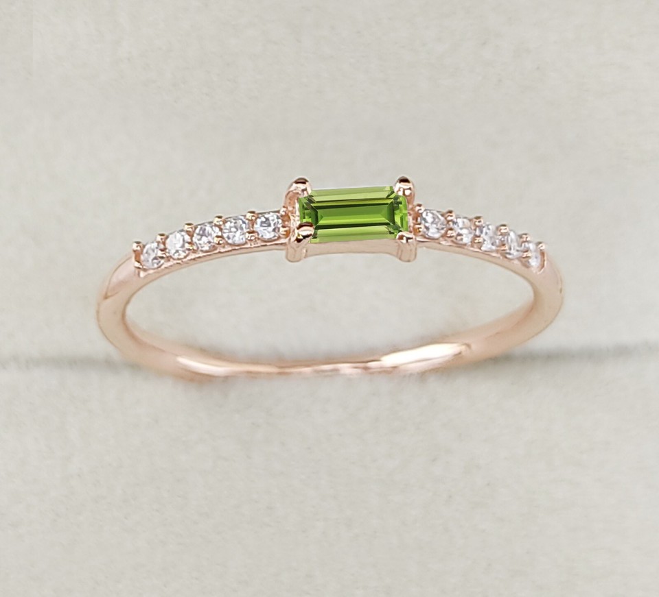Baguette Natural Peridot Minimalist 925 Silver Ring with CZ Diamond ...