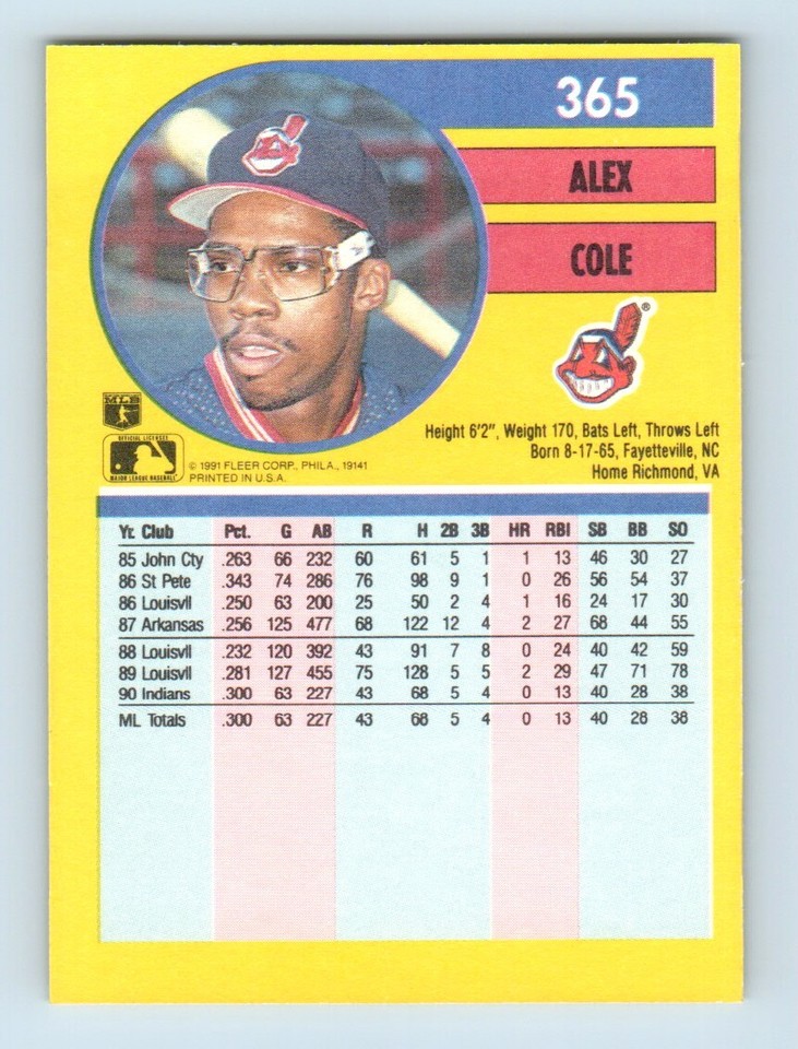1991 Fleer Alex Cole Cleveland Indians #365 | eBay