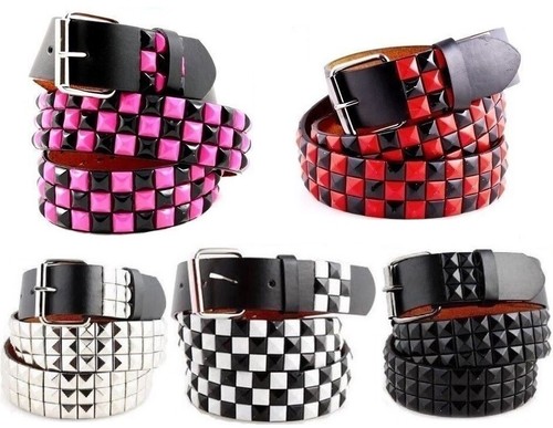 Studded Leather Belt Mens Womens Unisex 3-Rows Metal Pyramid Punk Rock ...