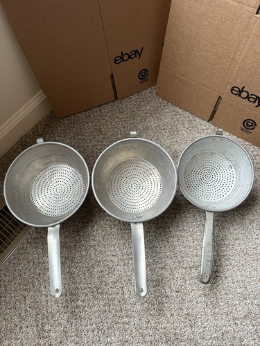 Lot Of 3 VTG/Antique Primitive Aluminum Metal Strainer Colander With ...