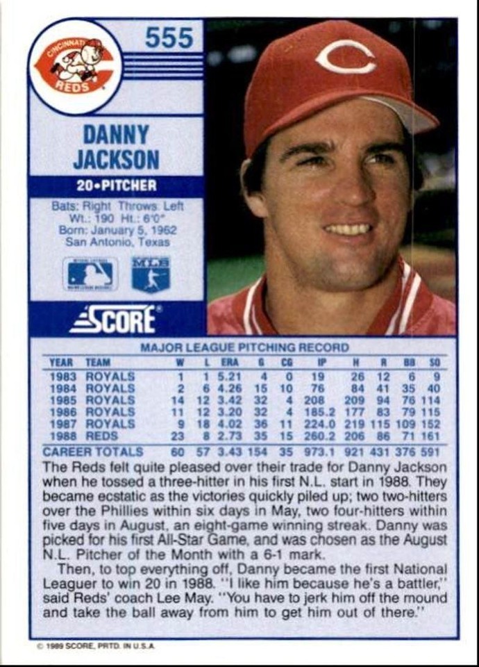 1989 Score Baseball Card Danny Jackson Cincinnati Reds #555 | eBay UK