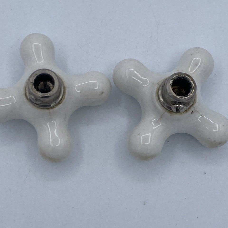 Vintage Porcelain Hot Cold Cross Sink Knobs Faucet Handles w/ Brass ...