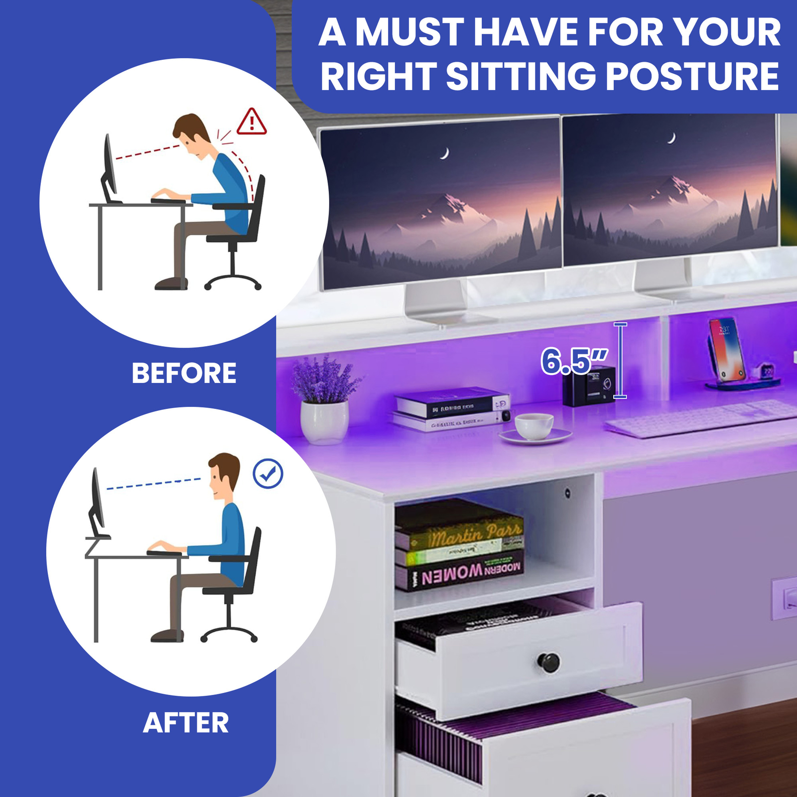 L Shaped Office Computer Desk Lift Top Drawers Shelves Power Hub w/ LED ...