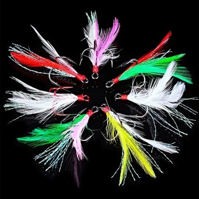 Treble Fish Hooks Made of Carbon Steel with Feathers 20PCS Size 2# 4# 6 ...