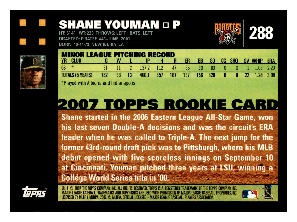 2007 Topps Shane Youman RC Rookie Pittsburgh Pirates #305 NM-MINT | eBay