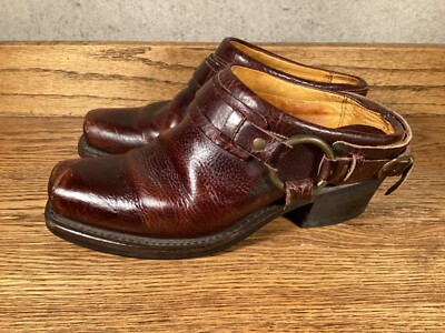 FRYE WOMENS HARNESS MULES SLIP ON VINTAGE BROWN LEATHER USA SZ 7.5 M ...