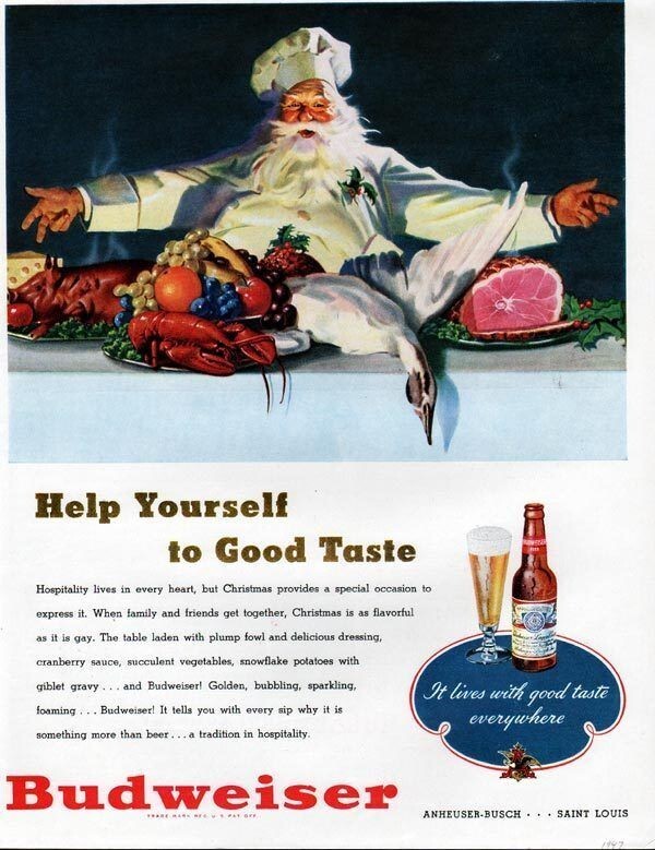 1947 BUDWEISER BEER HOLIDAY CHRISTMAS SANTA CLAUS FEAST BREWERY AD 6947 ...