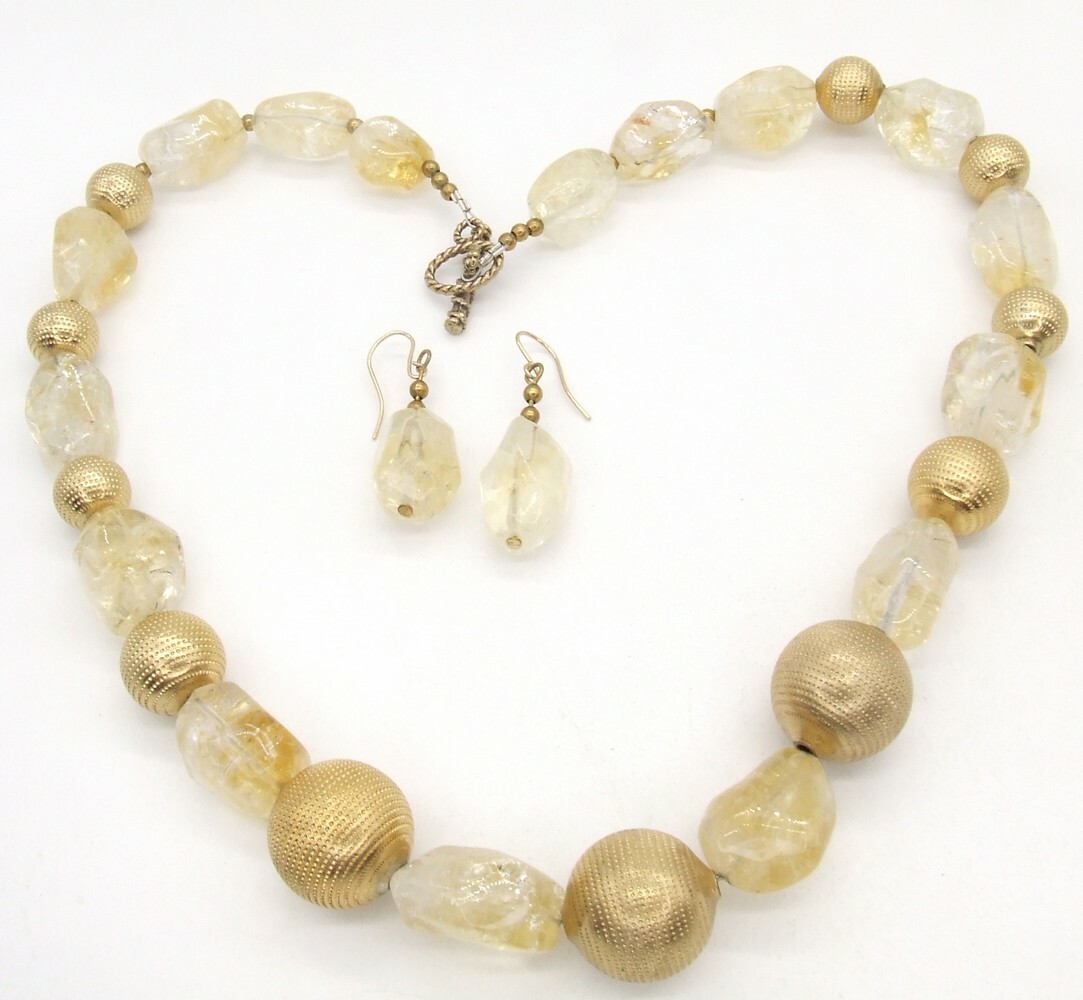 22" Chunky Natural Golden Quartz & Textured Gold-P Be… - Gem