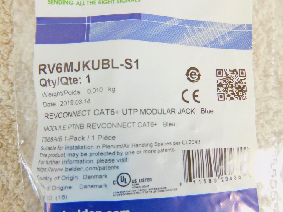 Category 6+ Modular Jack, T568 A/B UTP Blue Belden RV6MJKUBL-S1 ...