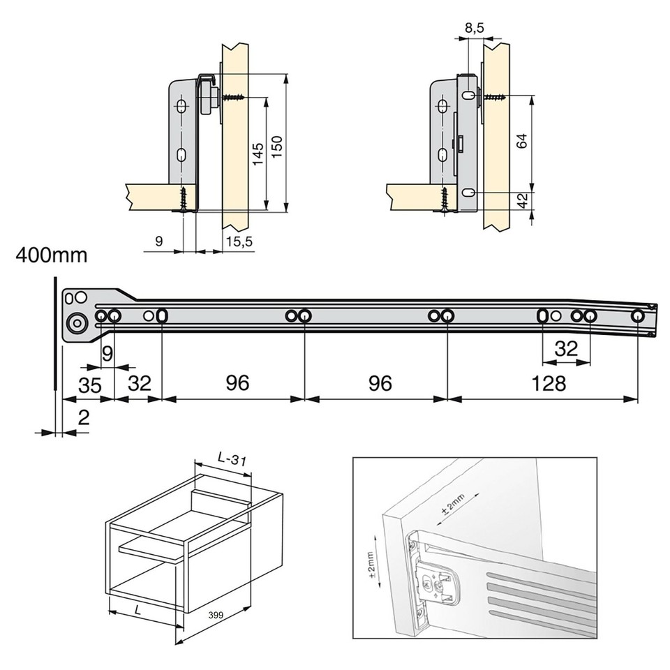 Kitchen Metal Ultra Box Drawer Kit Height 150 mm Depth 400 mm x 1 pair ...