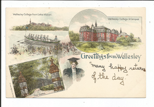 1906 Greetings From Wellesley vintage College postcard, Massachusetts ...
