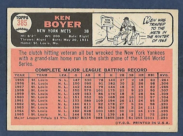 1966 Topps Ken Boyer New York Mets #385 Baseball Card | eBay