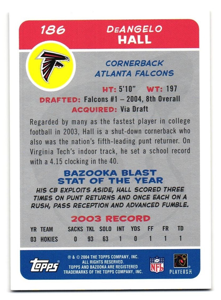 2004 Bazooka Mini #186 DeAngelo Hall Rookie Atlanta Falcons | eBay
