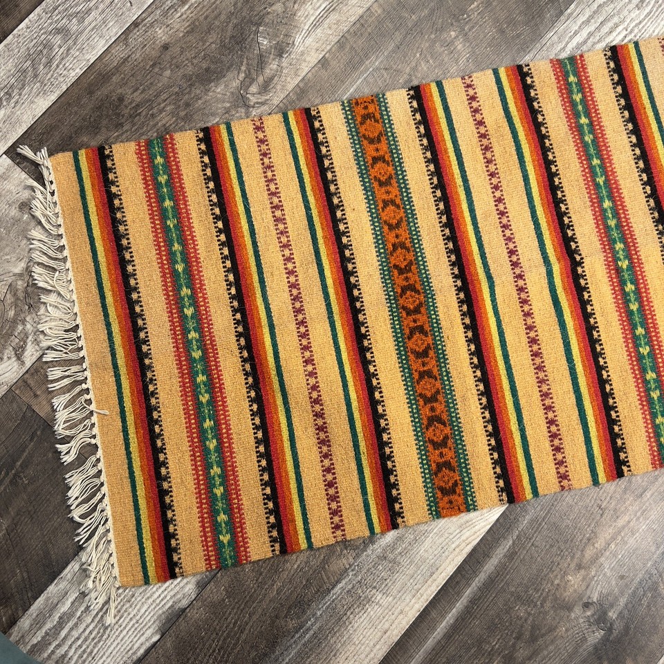 Zapotec Oaxaca Wool Rug 24x60" Hand Made Woven Orange Rasta Geometric ...