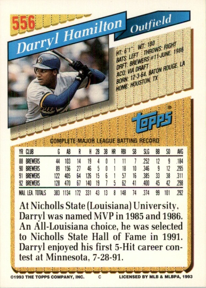 1993 Topps MLB Darryl Hamilton #556 | eBay