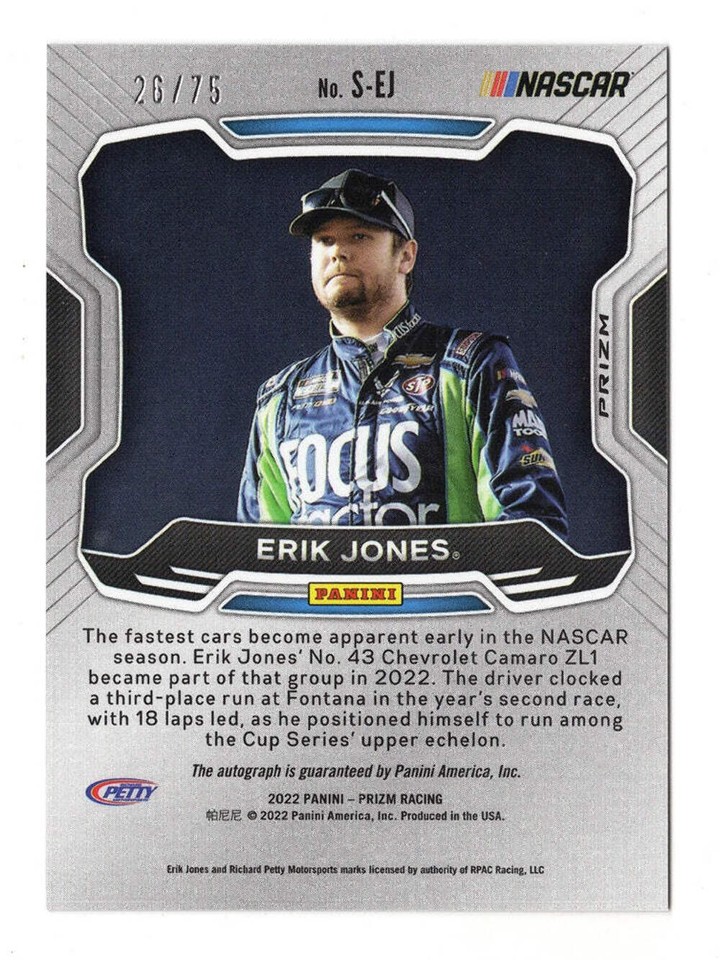Erik Jones 2022 Panini Prizm Racing CAROLINA BLUE PRIZM AUTOGRAPH ...