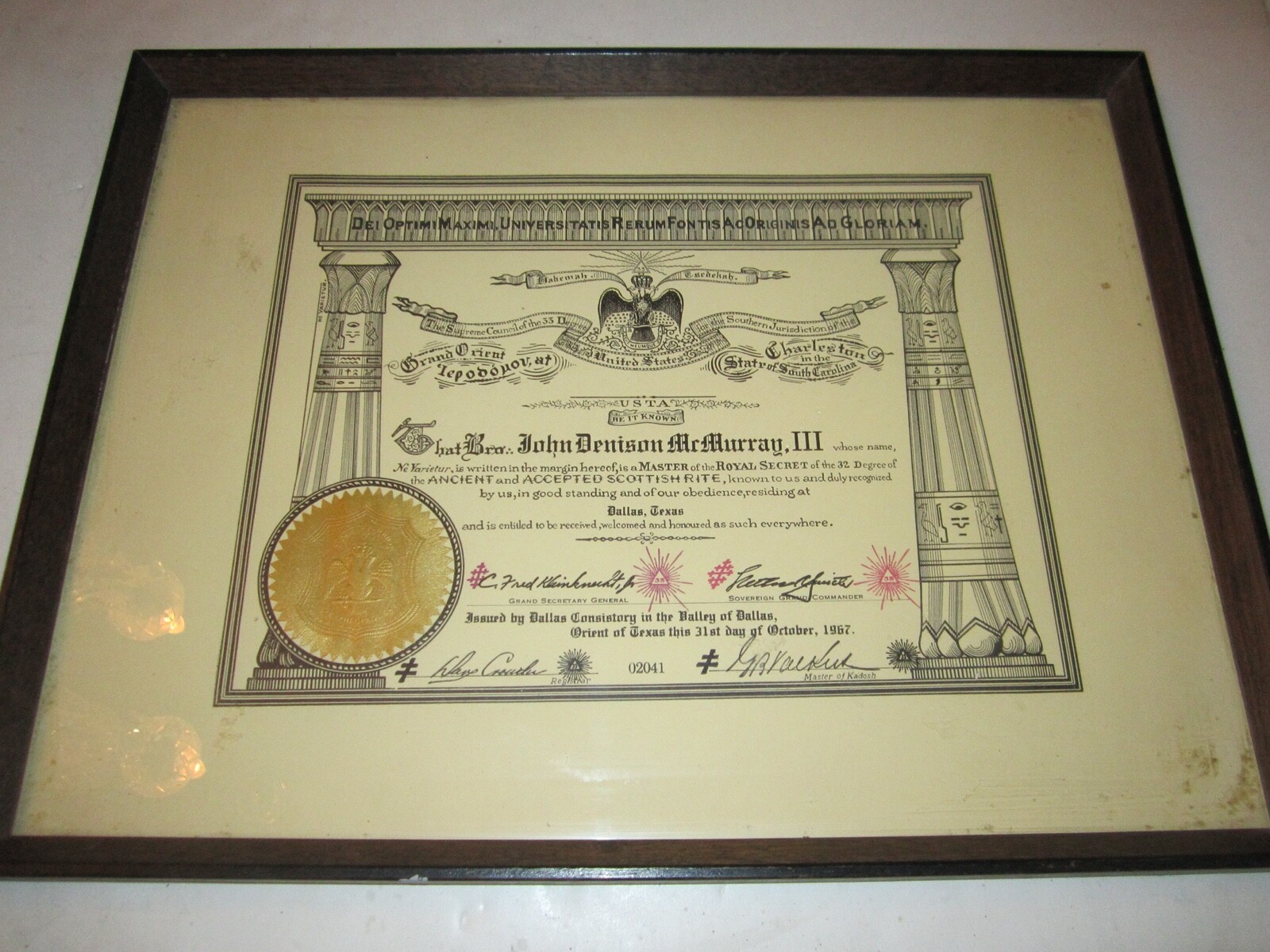 1967 32 DEGREE SCOTTISH RITE CERTIFICATE - MASTER ROYAL SECRET FRAMED ...