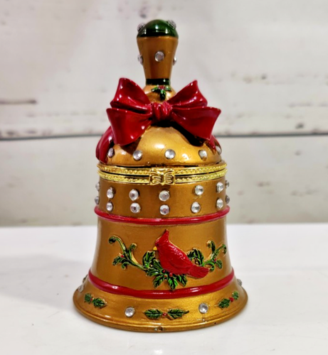 Hand Painted Bejeweled Christmas Bell Shaped Trinket Box with Red Bow 4 ...