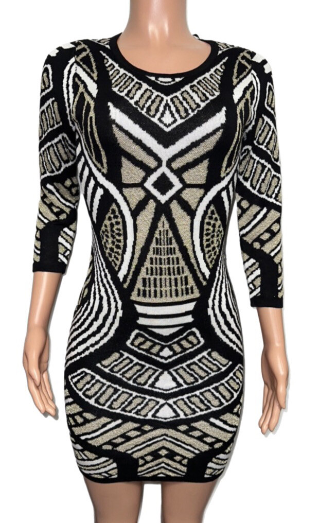 Y2K M Black/Gold Lurex print L/s Sweater mini Dress Potters pot New ...