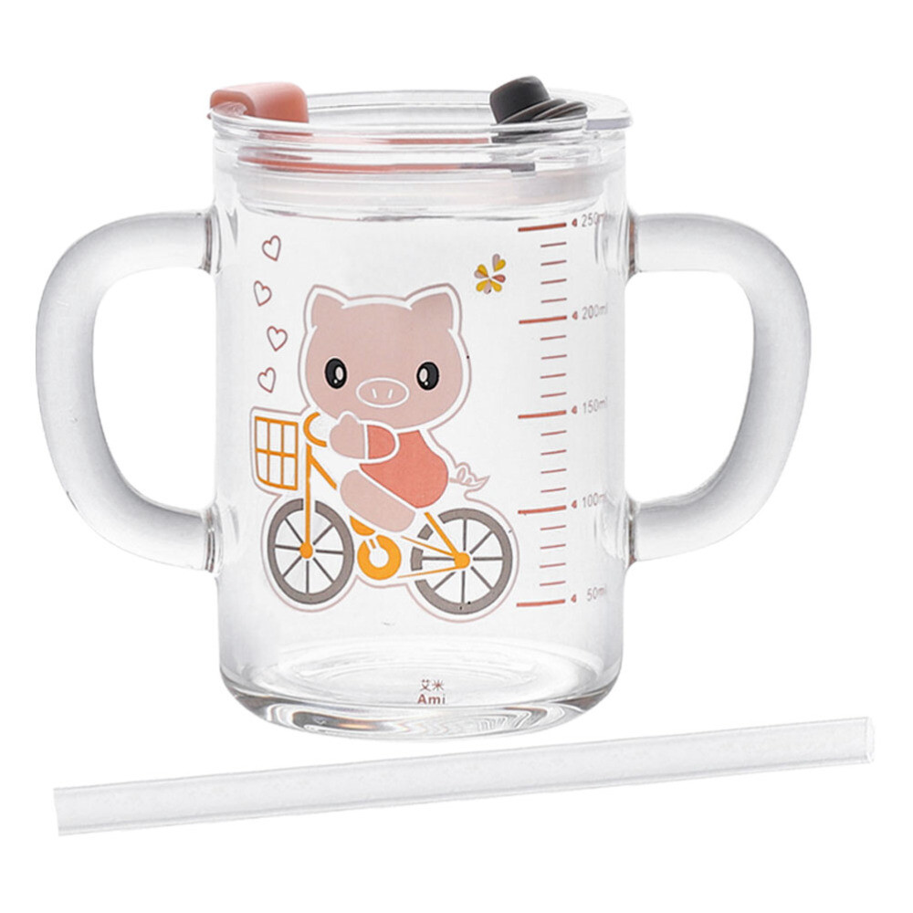 5pcs Glass Drinking Cup With Straw Cartoon Water Mug Double Handle ...