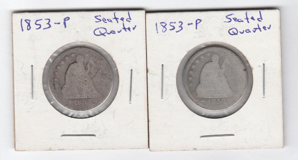 TWO 1853 WITH RAYS & ARROWS SEATED QUARTERS * ONE EXTREMELY DIE ROTATED ...