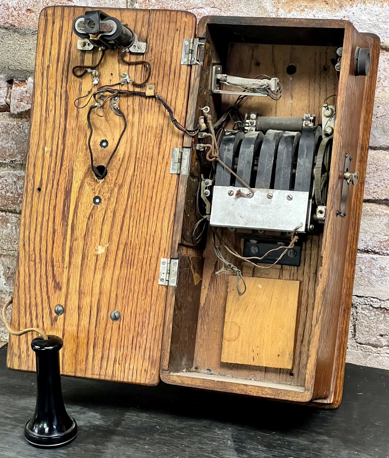 Antique Oak Cracraft Leich Electric Co Hand Crank Wall Telephone Phone ...