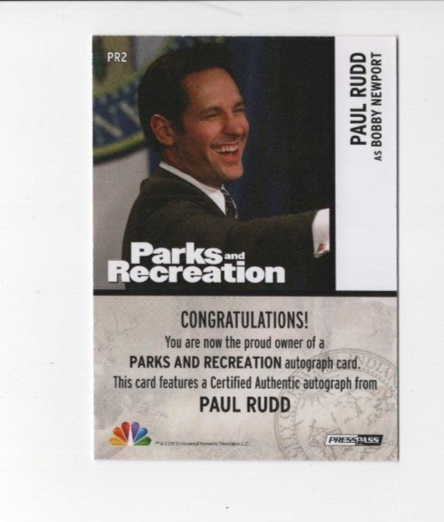 PAUL RUDD AUTOGRAPH BOBBY NEWPORT 2013 PARKS & RECREATION ON CARD AUTO ...