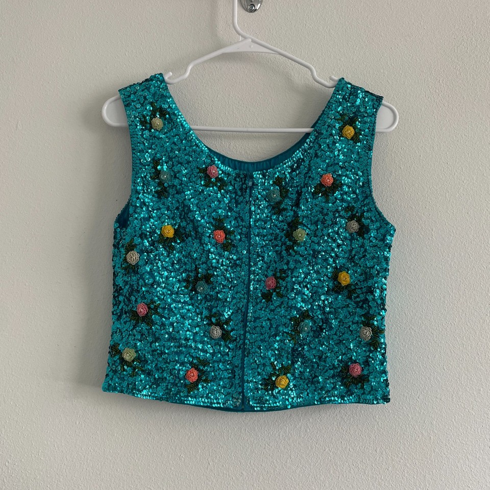 Vintage 60s Sequin Top Tank Womens S Blue Floral Beads Cocktail Party ...